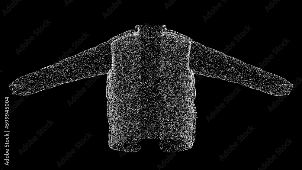 3D jacket on black background. Object made of shimmering particles ...