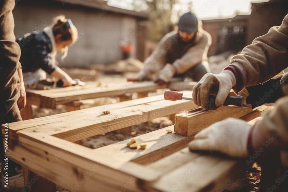 Group of young people build a structure for a wooden house together ...
