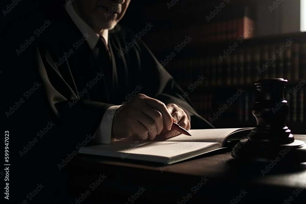 Judge with gavel sitting in courtroom, signing documents. Justice and ...