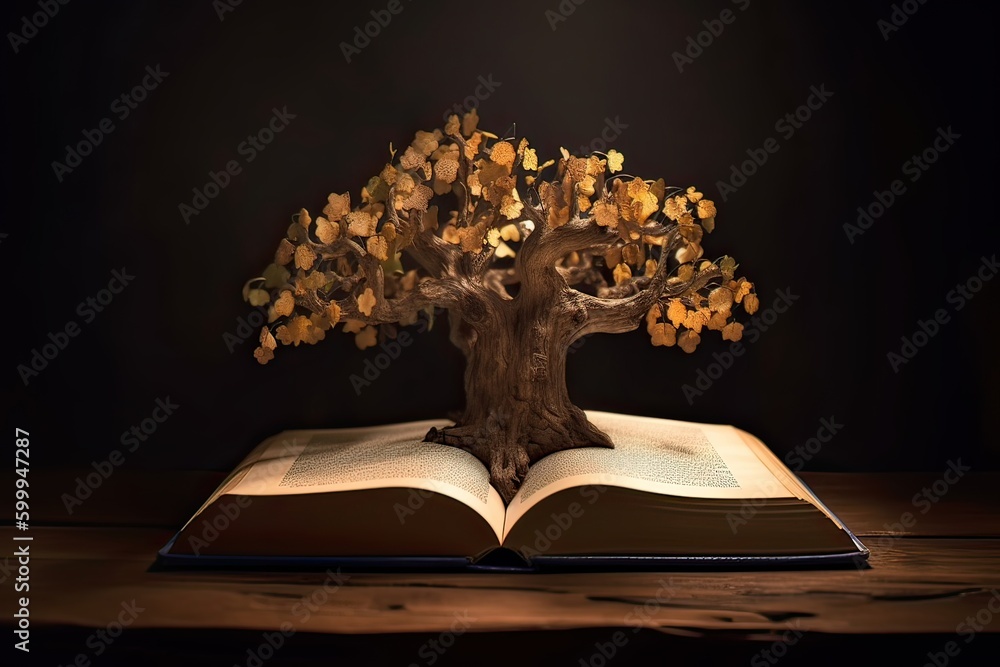 education concept with tree of knowledge planting on opening old big ...