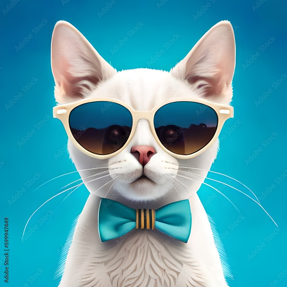 Simple cute white cat, light blue sunglasses, Tiffany blue background ...