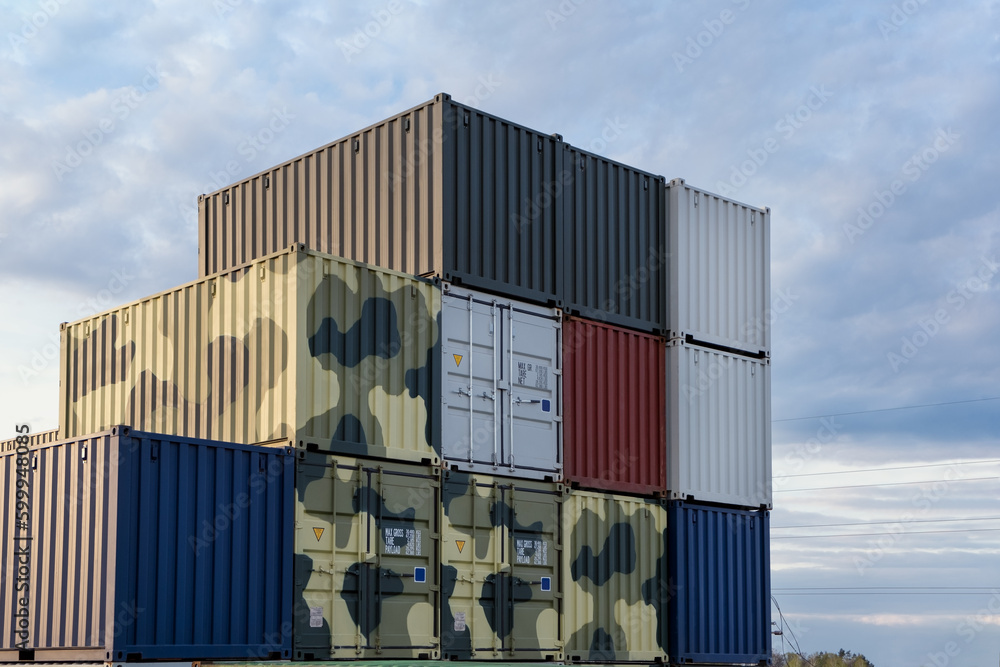 Military shipping containers contain weapon or special-purpose. stacked ...