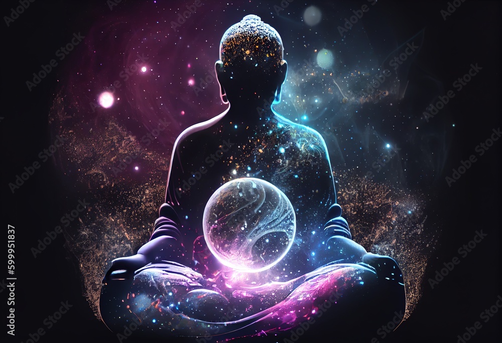 meditating buddha, Glowing brain nervous system visible. Dissolving ...