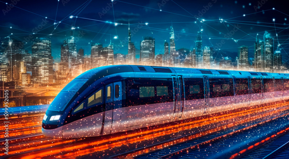 The picture of a train on a background of analytics data represents the ...