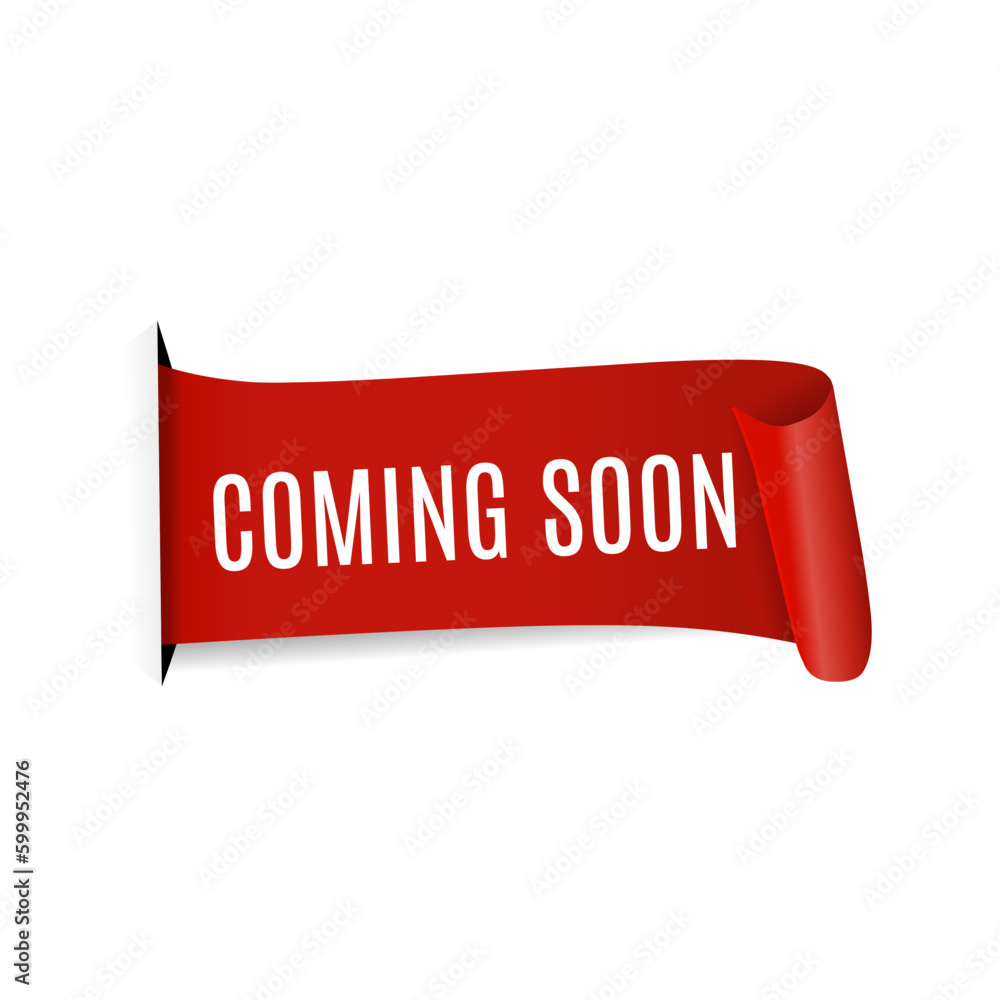 Coming soon banner, red label design on white background, Vector. Stock ...