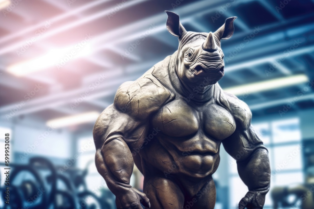 Bodybuilder rhino standing gracefully, blur gym background. Generative ...