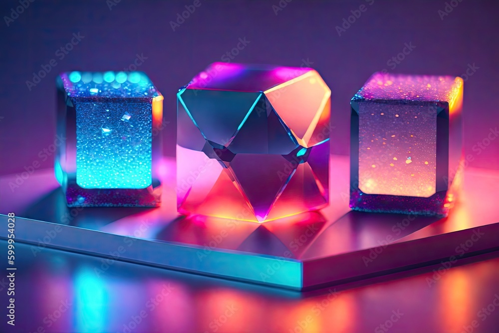 Crystal cubes or blocks with refraction effect of rays in glass. Clear ...