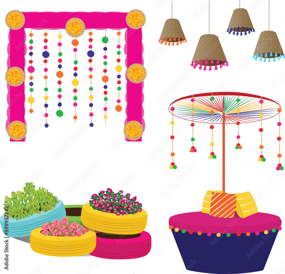 wedding mehndi decorations illustrations set traditional wedding ...