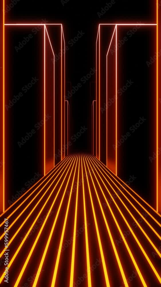 Vertical video retro orange neon city road loop animation background ...