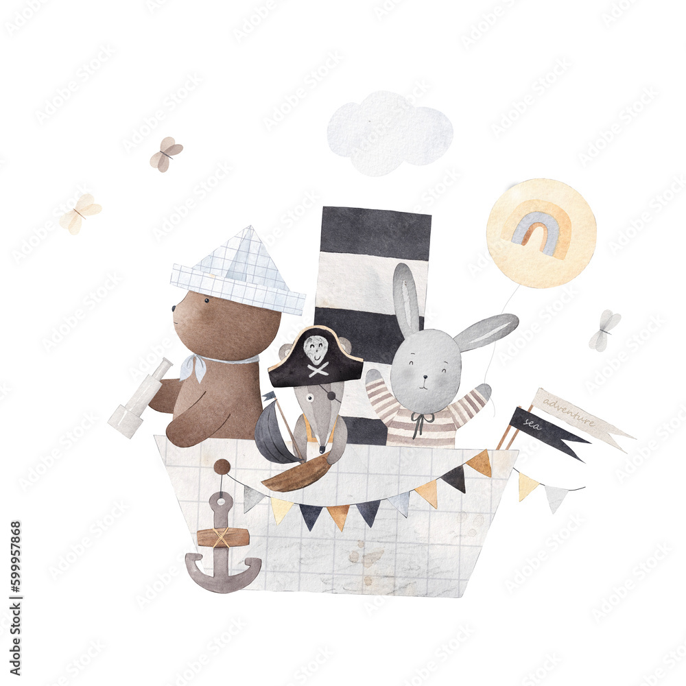 Cute animals in ship. Watercolor hand drawn illustration, can be used ...