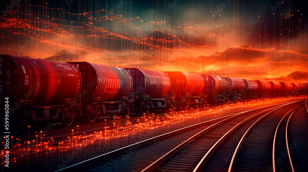 Cargo train on a background of analytics data represents the ...