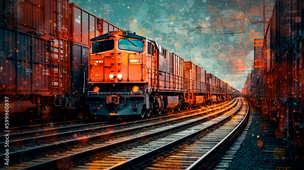 Cargo train on a background of analytics data represents the ...