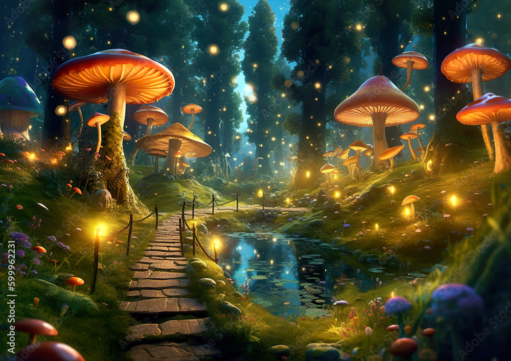 A magical forest scene features gigantic mushrooms, glowing lights and ...
