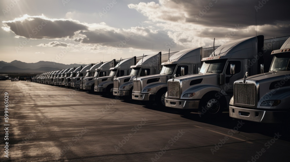 A line of semi trucks waiting to be inspected. AI generated Stock ...