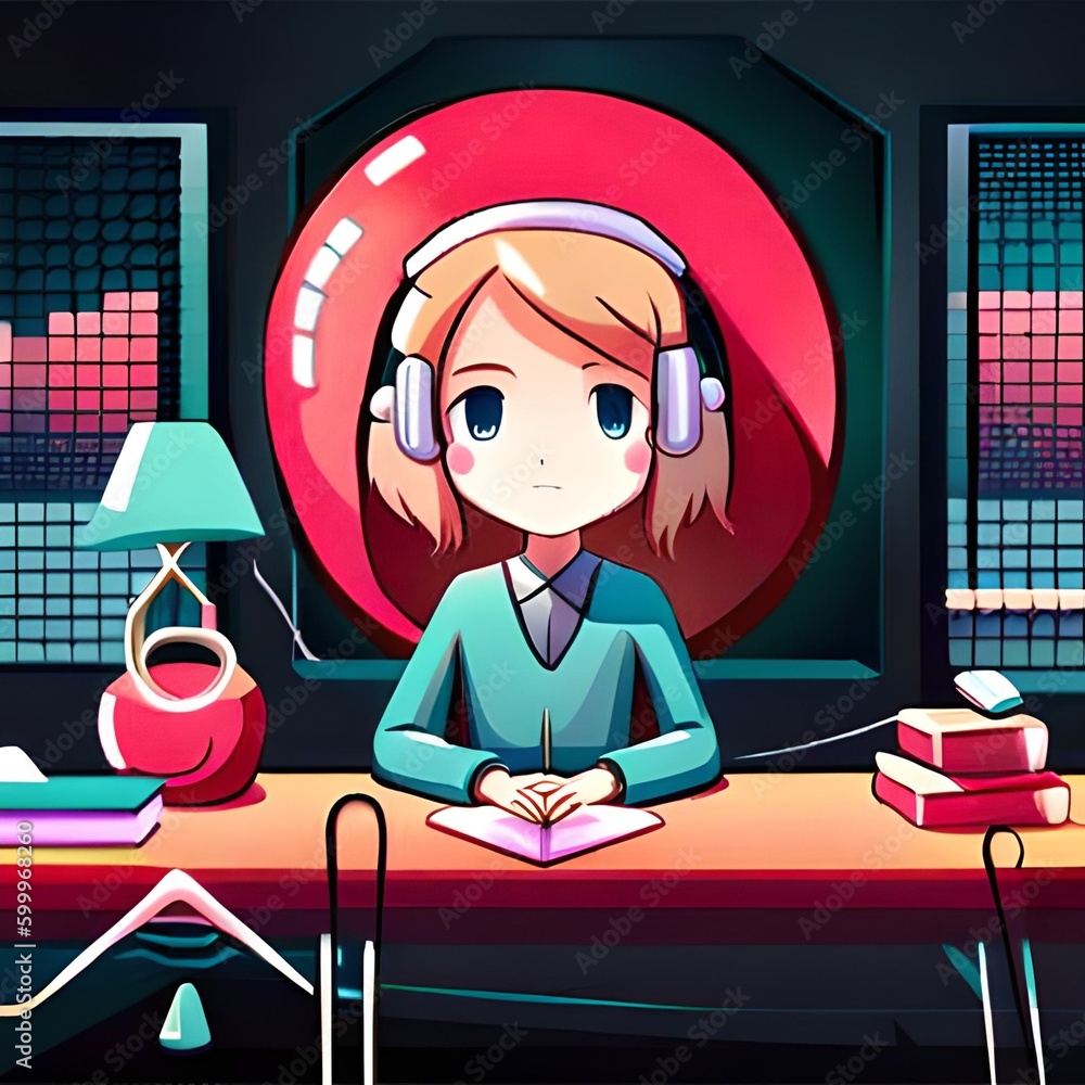 An animated beautiful girl, on his table and listening music, created ...