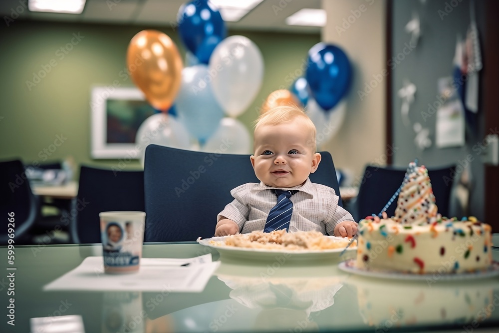 Baby celebrating a coworker's birthday in the office break room (AI ...