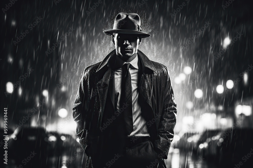 Noir movie, portrait of 40s detective standing under the rain ...