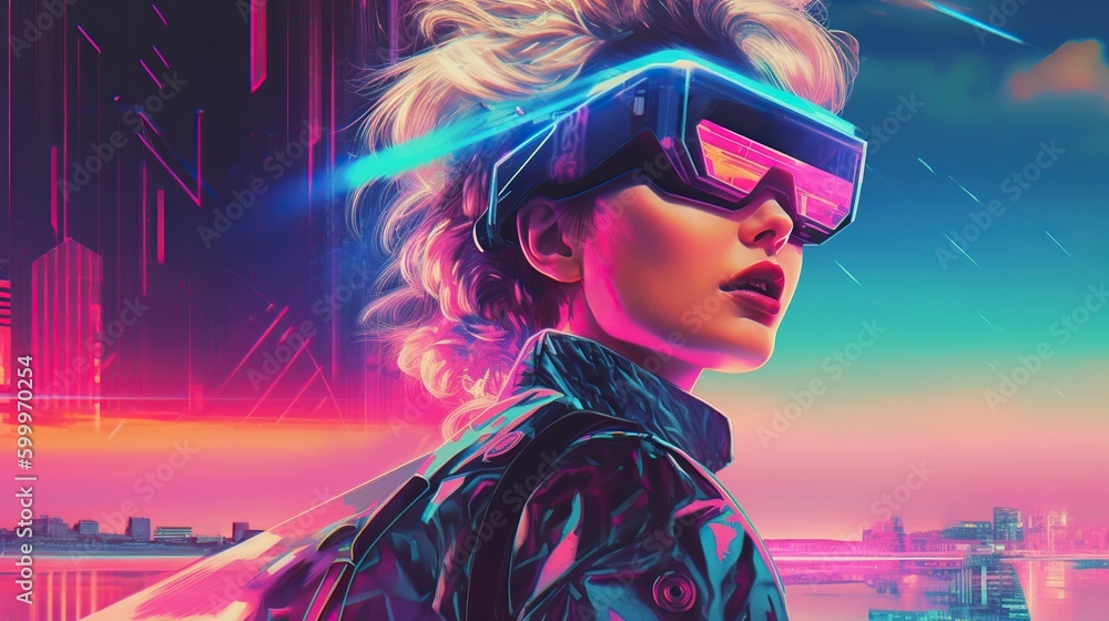 80s retro futurism illustration of young beautiful woman wearing ...
