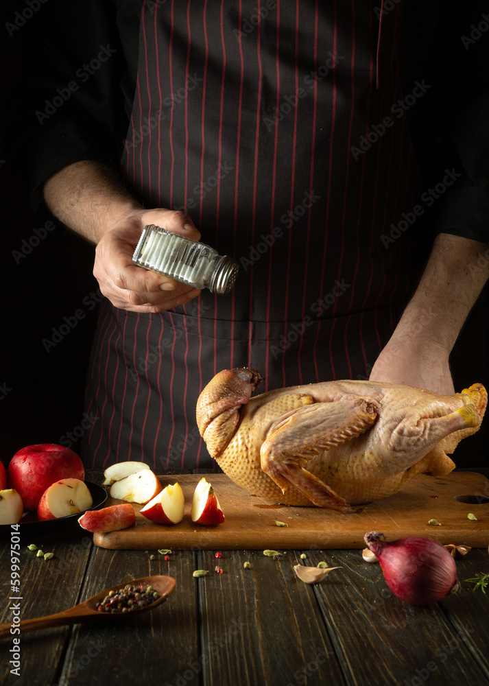 Cooking duck for lunch by the chef's hands. Raw duck with apples and ...