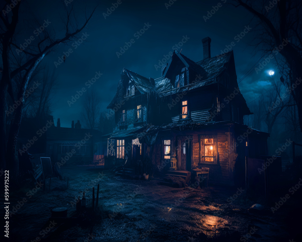 Scruffy mansion of old wooden buildings at moony night. Wrecked house ...