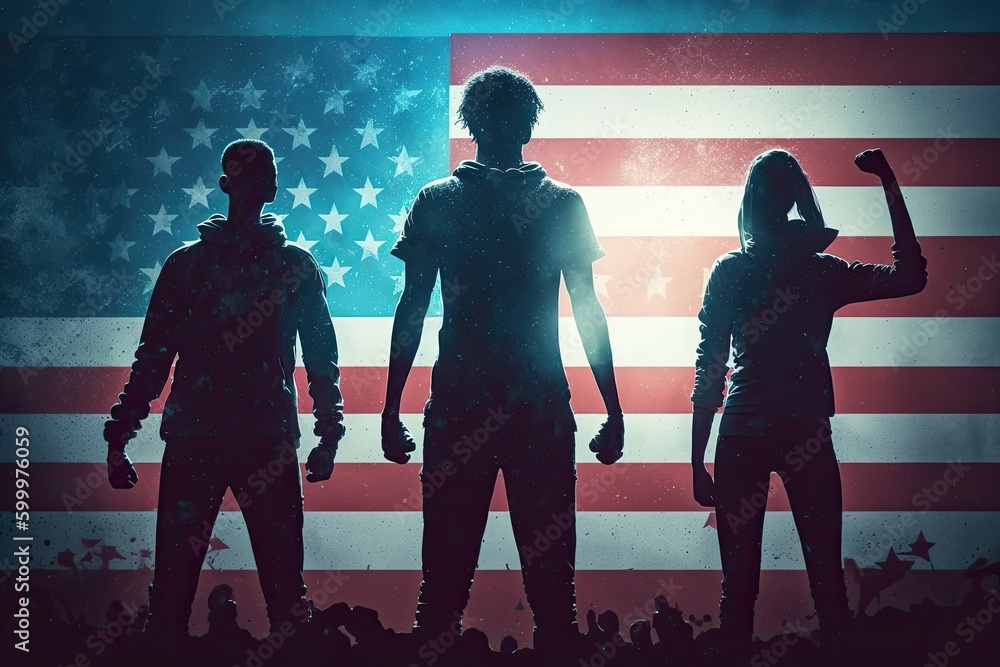 young people silhoutte standing with clenched fists, american flag ...