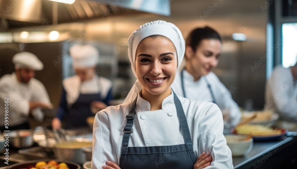 Smiling attractive female chef posing at the restaurant she works for ...
