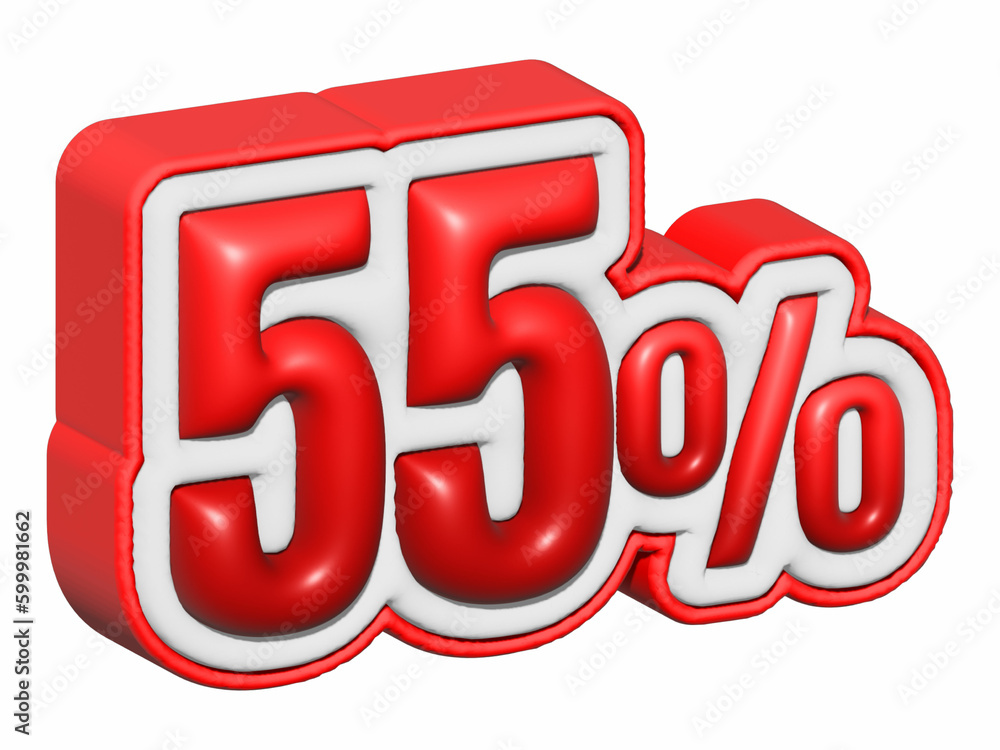 55% 3D text. 55% percent sale. 55 percent discount on red color. up to ...