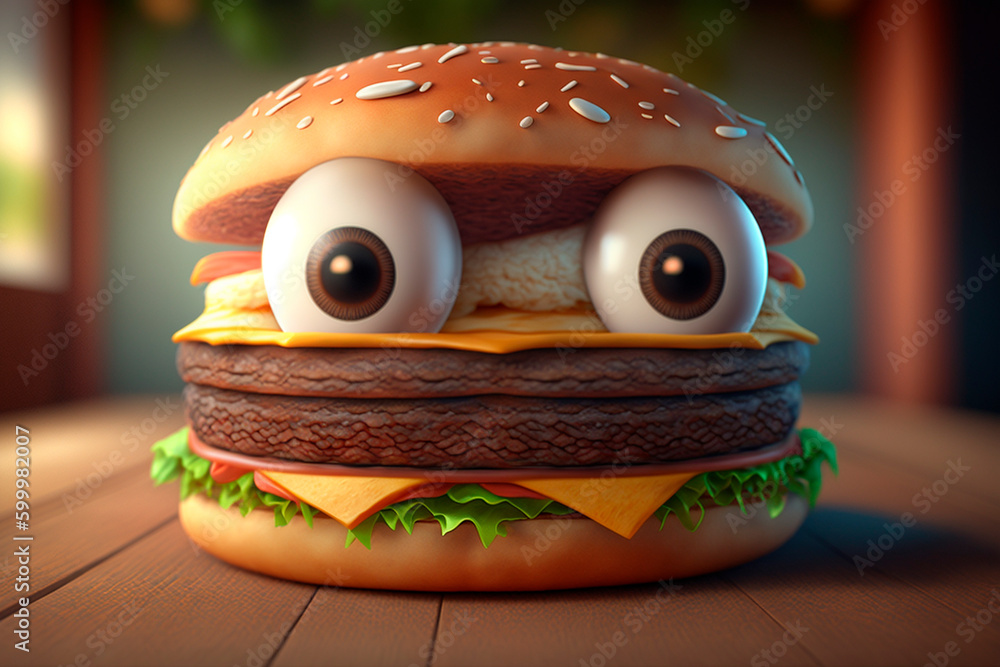 Funny cheeseburger with eyes. Generative AI. Burger day. Unusual burger ...