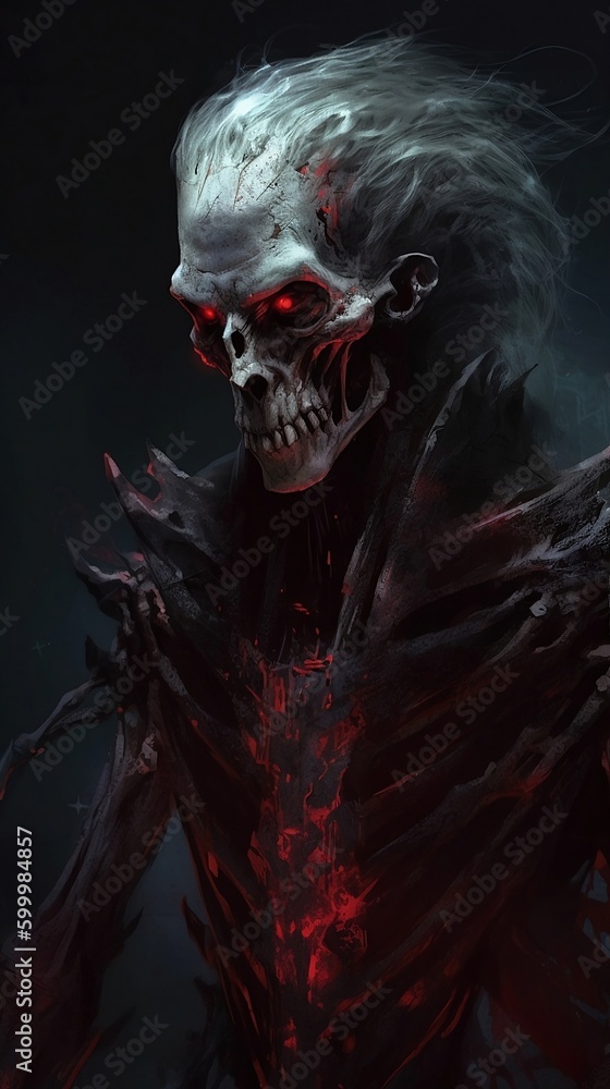 Withered skeleton body with red glowing eyes, pulsating red veins, a ...