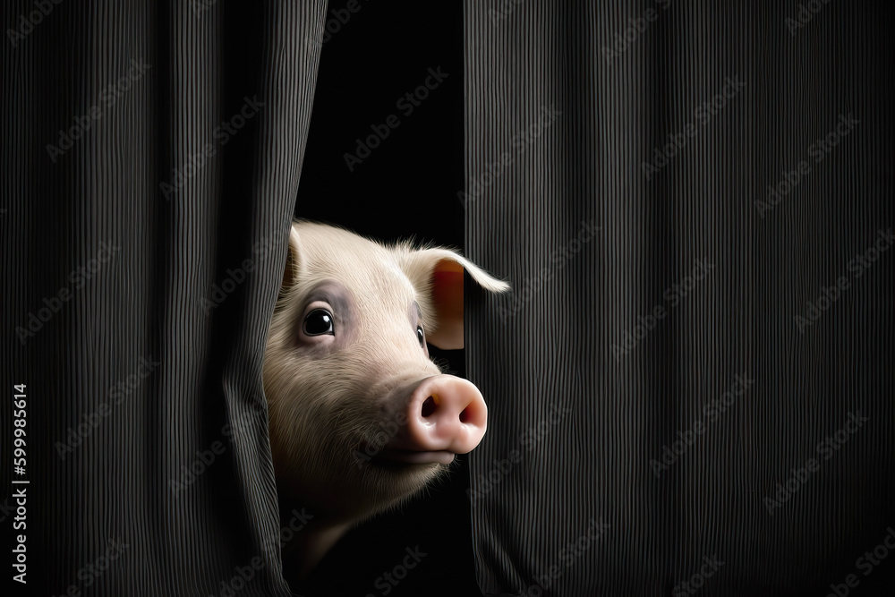 pig peeking from behind black curtain, ai generated ilustração do Stock ...