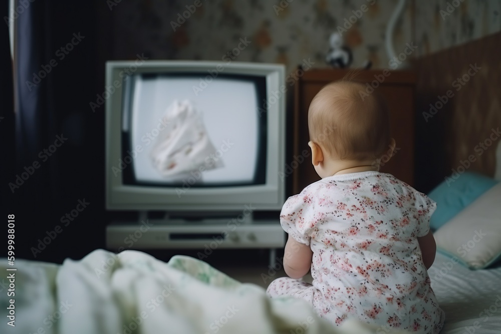 newborn in the diaper looking on TV, created with Generative AI ...