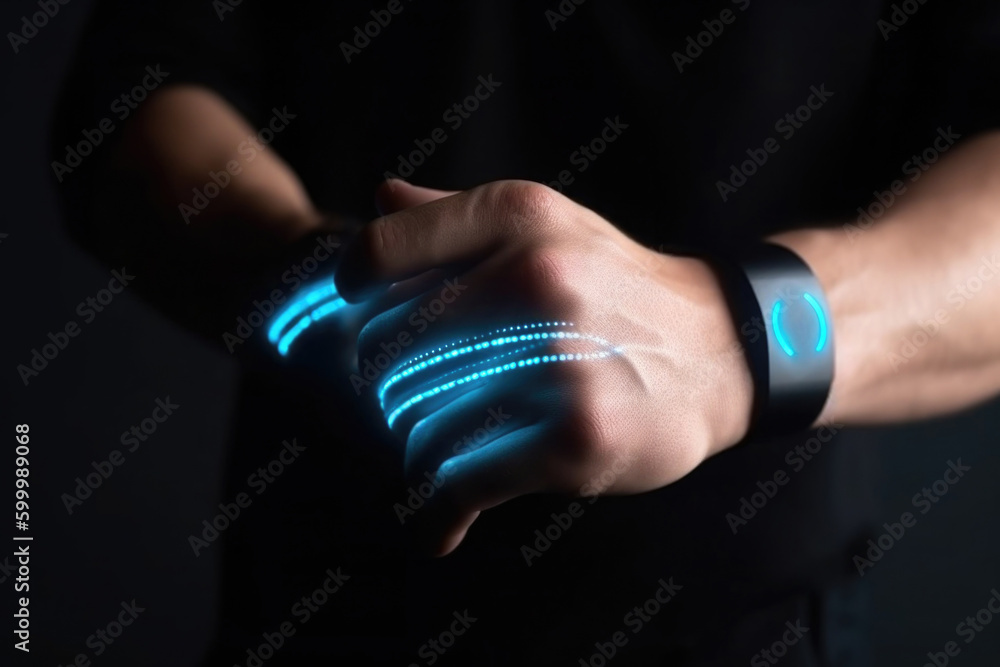 Futuristic smart device with glowing hologram display on human hand ...