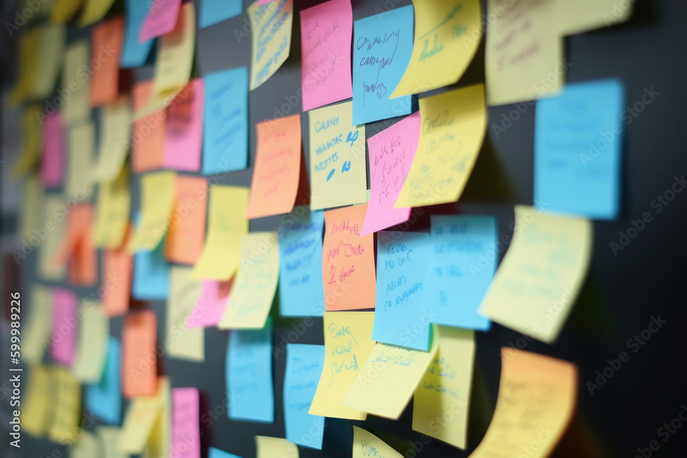 Sticky notes board in office. Many different colorful paper stickers ...