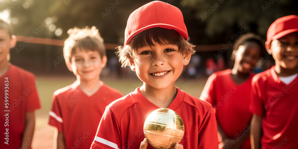 Young Soccer Players Holding Trophy. Boys Celebrating Soccer Football Championship. Winning team ...