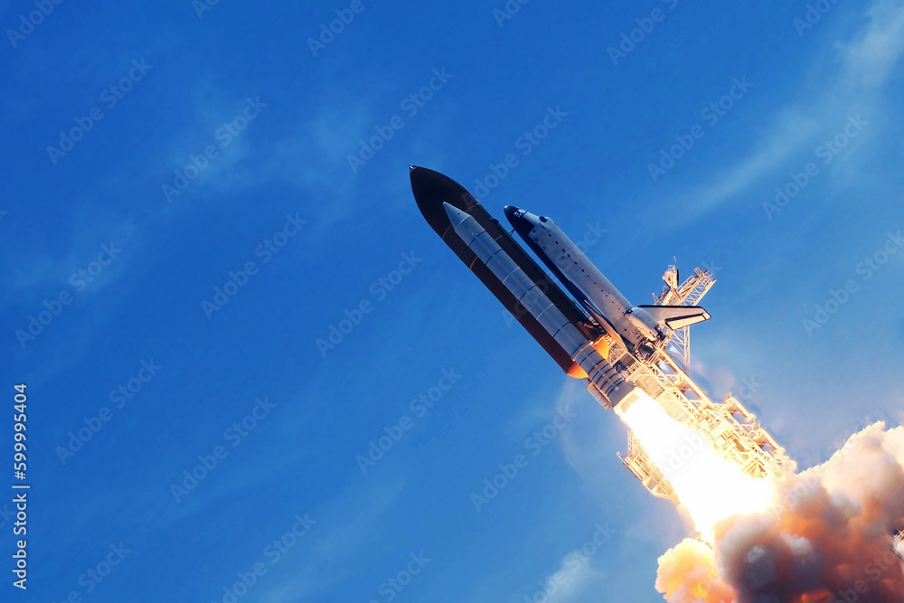 Rocket launch into outer space. Elements of this image furnished NASA ...