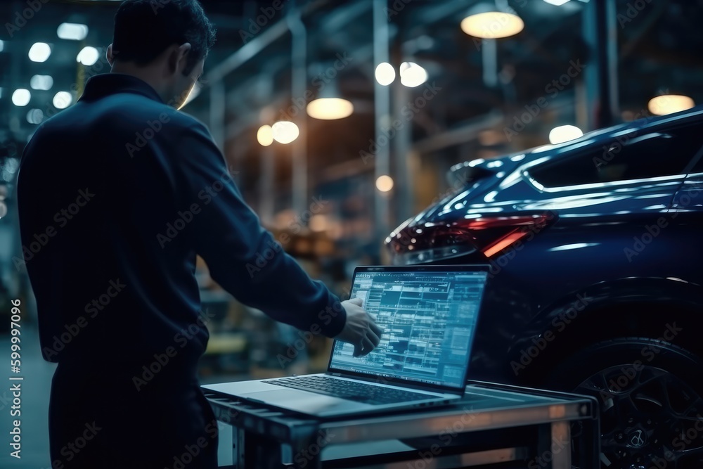 Personnel inspecting the car and its problems with a laptop device in ...