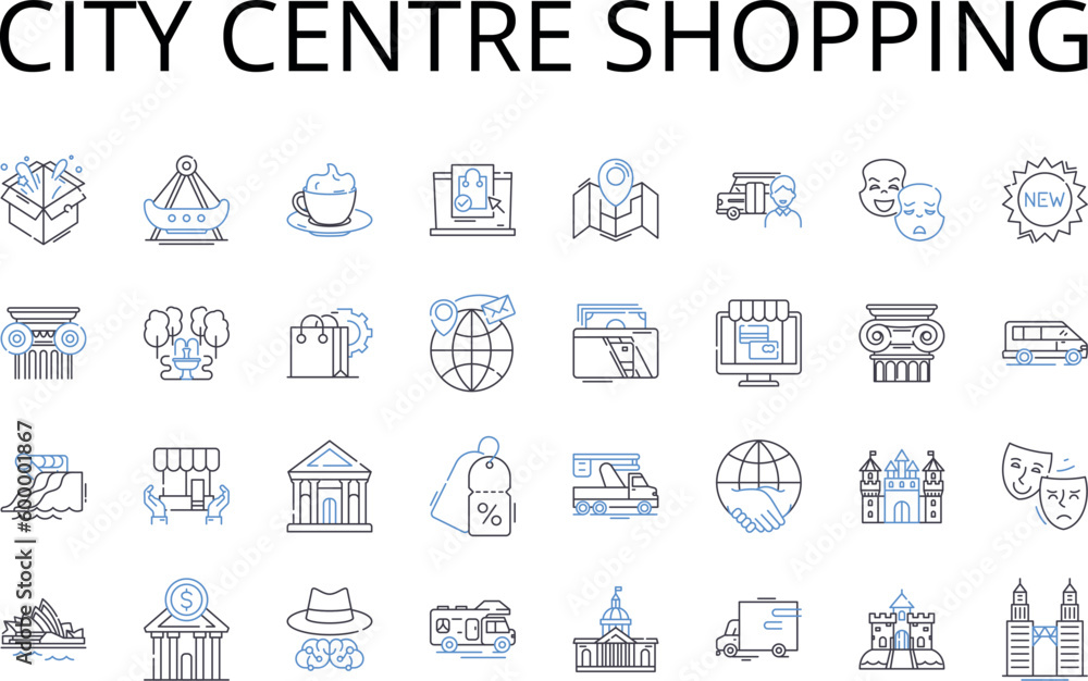 City centre shopping line icons collection. Downtown shopping, Urban ...