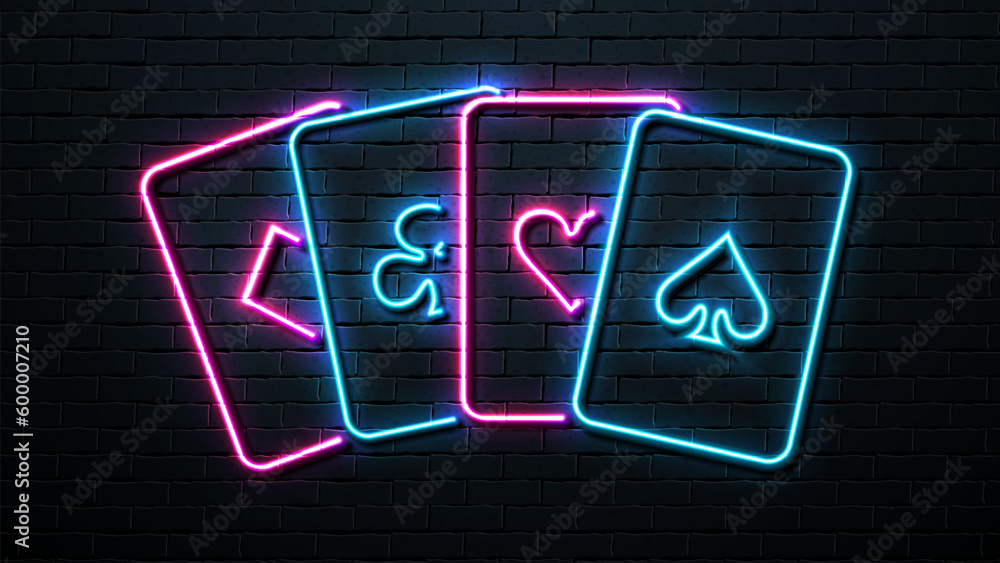 Neon cards of the suit: hearts, diamonds, spades and crosses on the ...