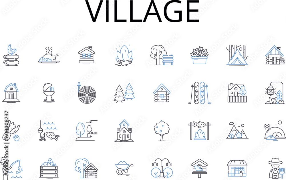 Village line icons collection. Hamlet, Small town, Rural community ...