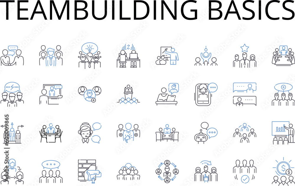 Teambuilding basics line icons collection. Leadership essentials ...