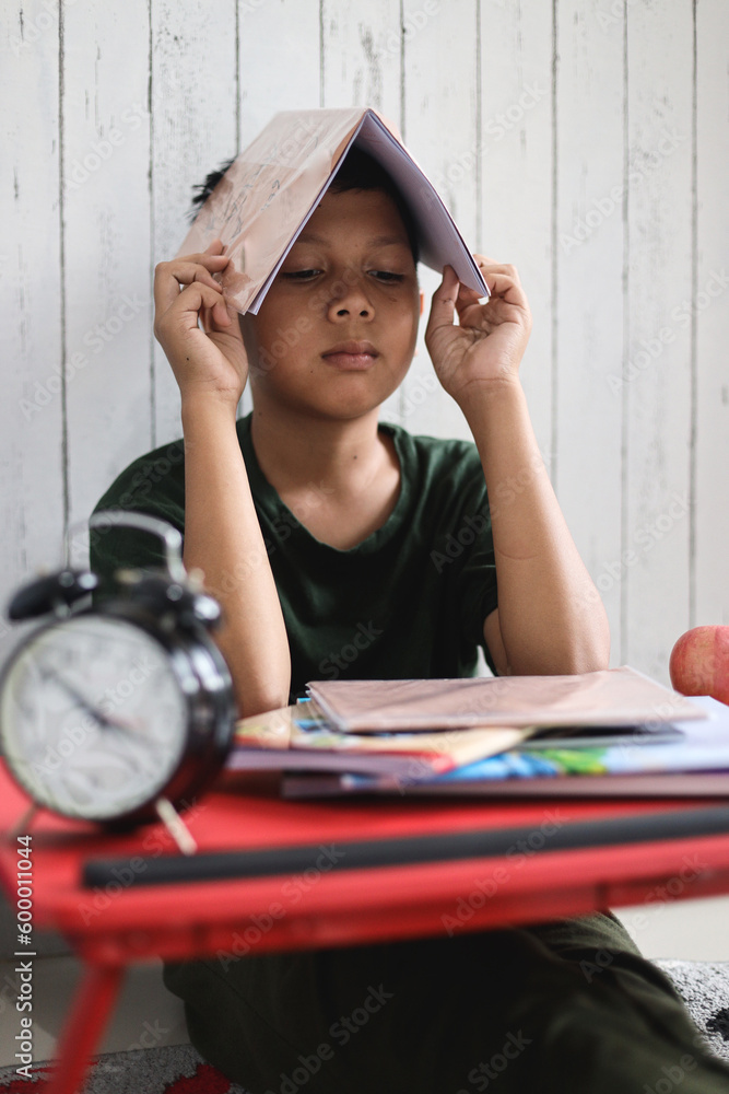 A child of primary school age do homework. The boy does his homework at ...