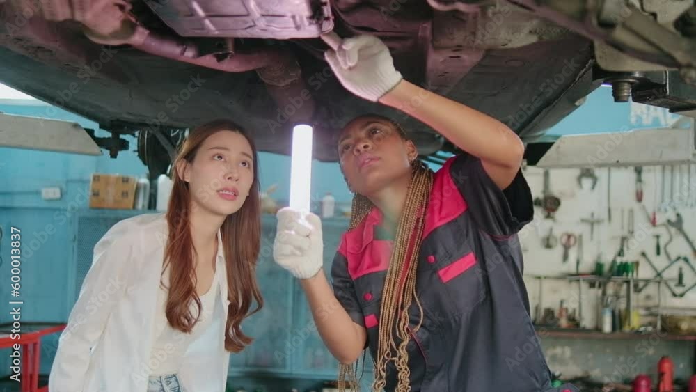 Young Asian female customer discusses with Black mechanical worker, check undercarriage of ...