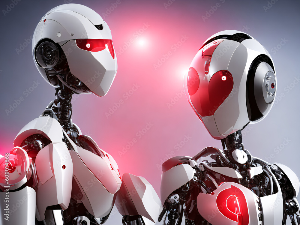 A pair of genderless robots in futuristic clothing, standing side by ...