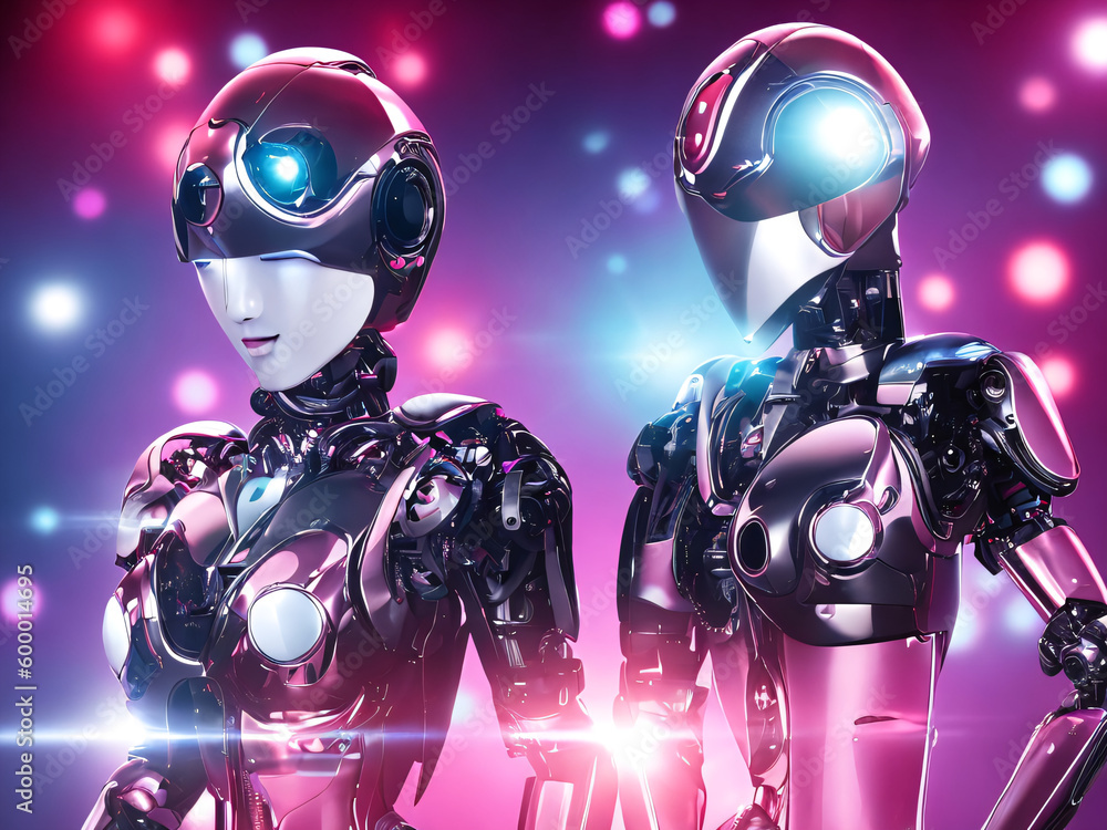 A pair of genderless robots in futuristic clothing, standing side by ...
