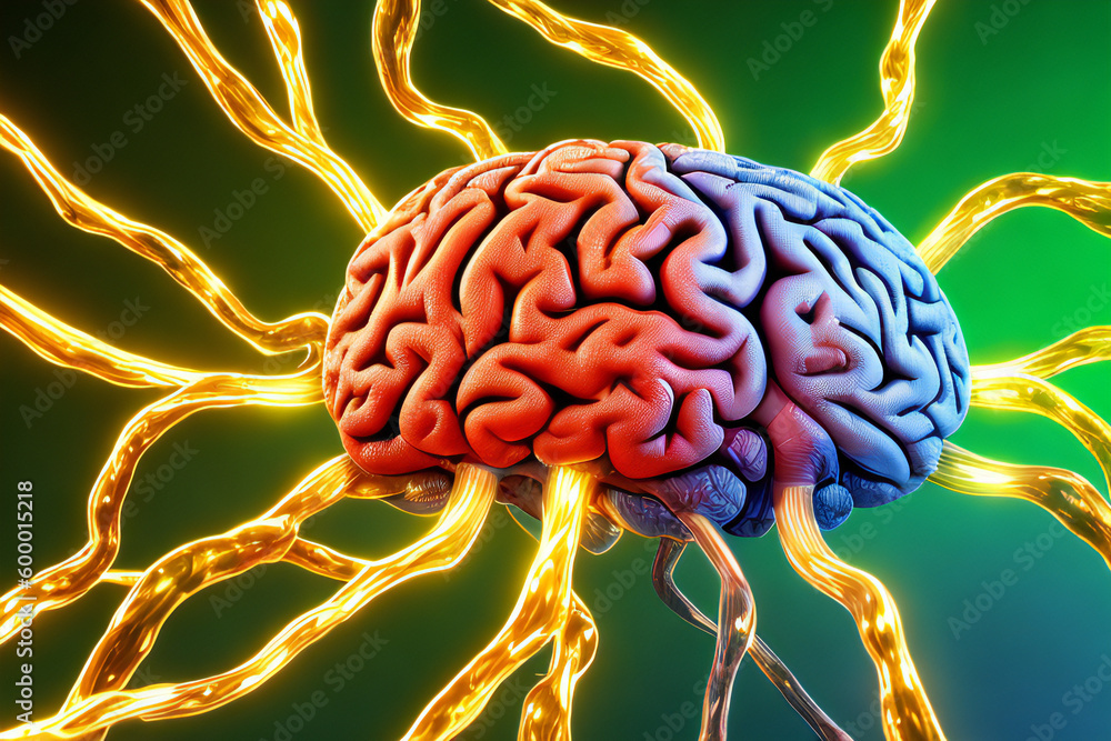 Glowing brain cells and networks, seen under microscope lens ...