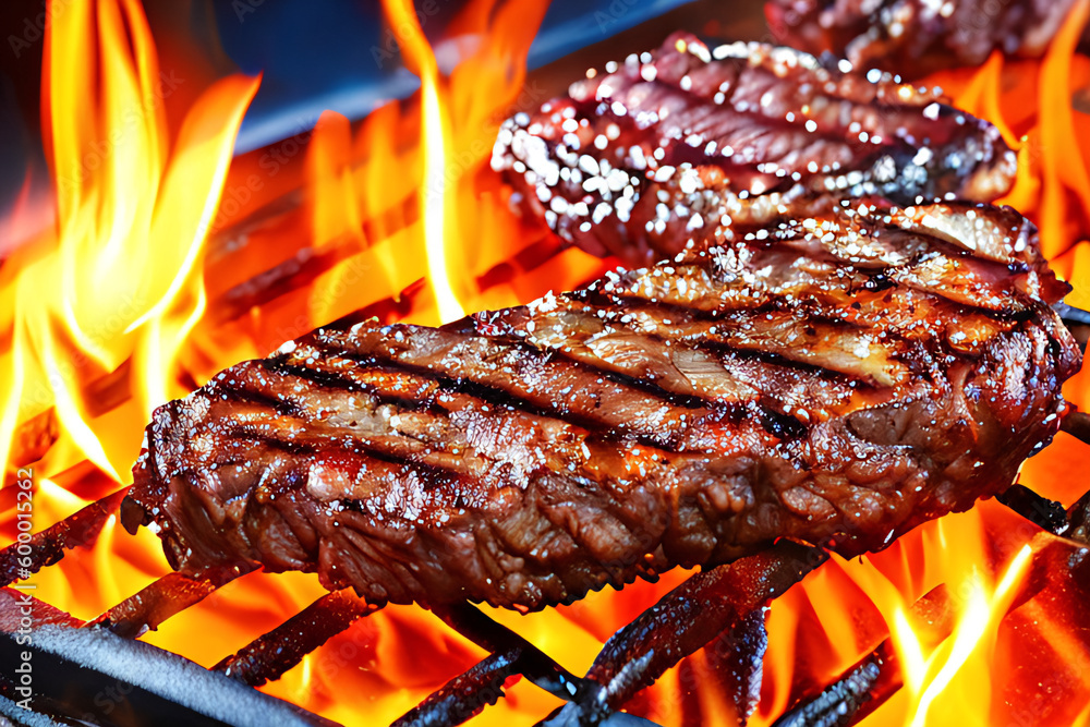 Rare Steak Being Grilled On An Iron Grill With Flam Broiling Smoke Rising From The Sizzling