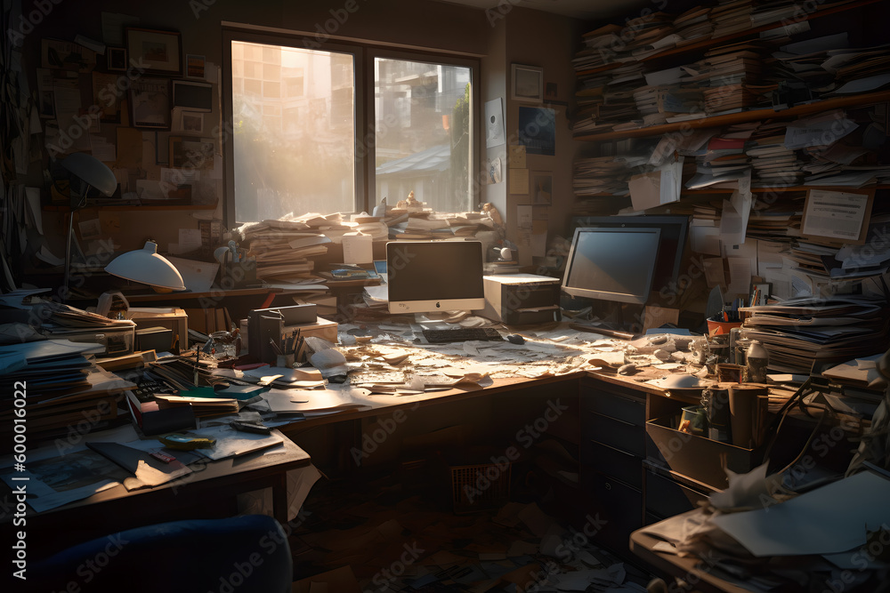 Messy abandoned office after company shut down: the desk is cluttered ...