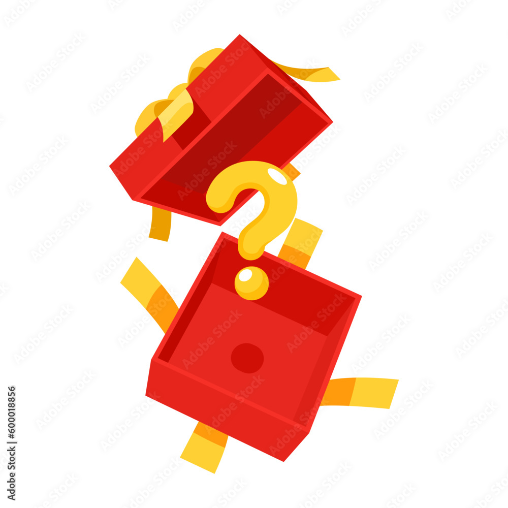 Red mystery gift box with a yellow ribbon on white background. Random ...