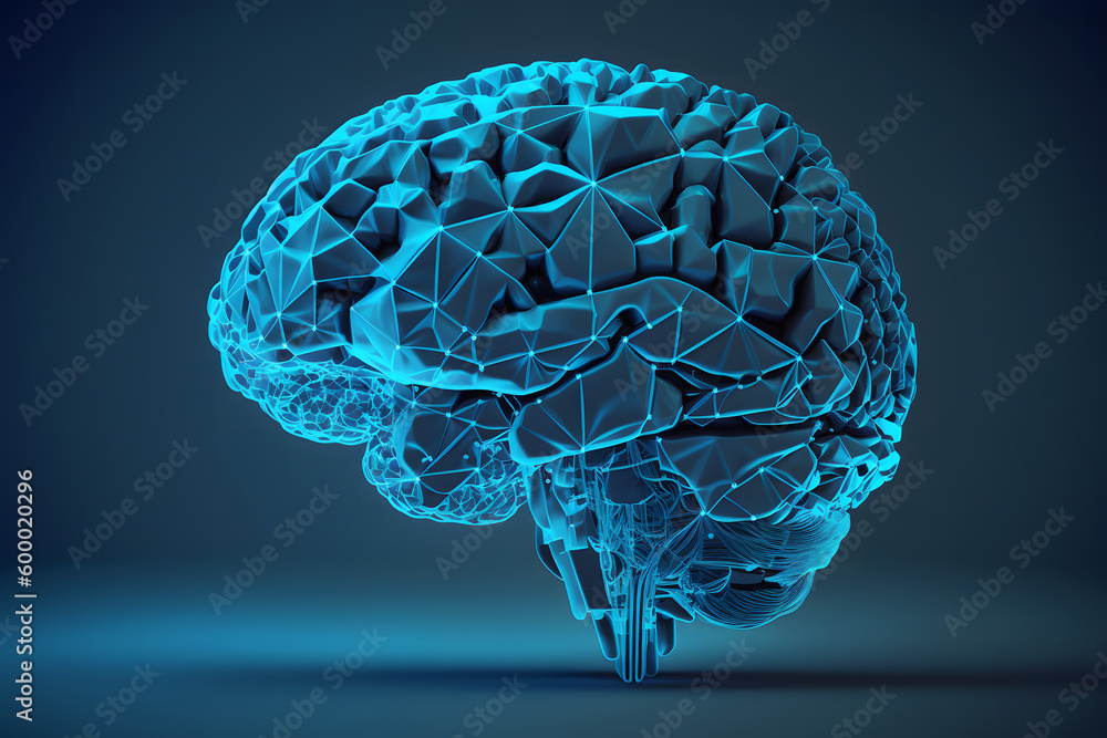 Human brain shape of an artificial intelligence with line dots on dark ...