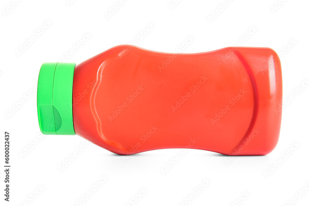 Plastic bottle of ketchup turned to left on white background Stock ...